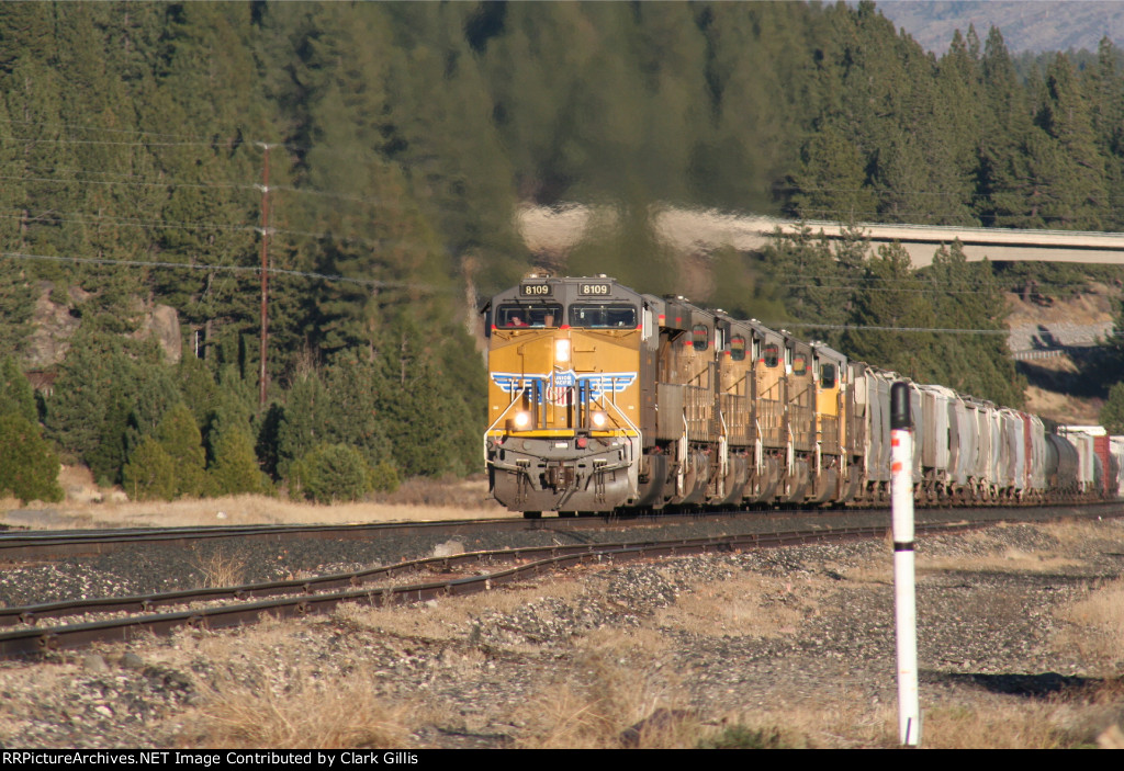 Westbound charging up the grade at Truckee yard.